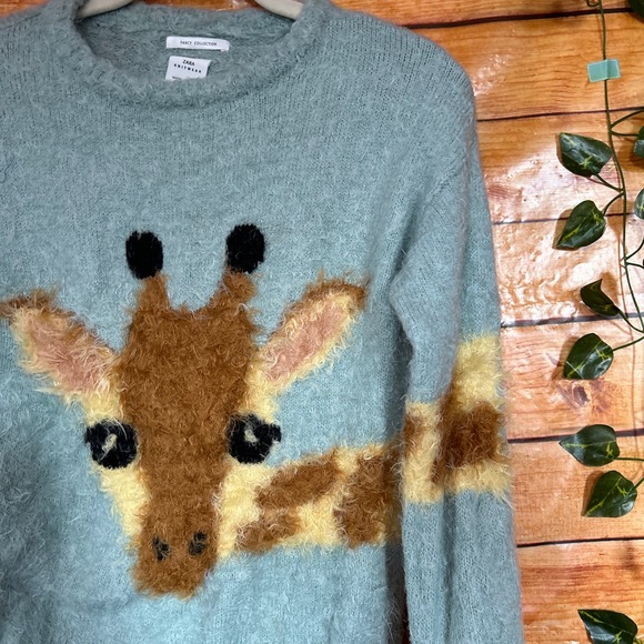 Zara | Shirts & Tops | Zara Knitwear Fancy Collection Coral Blue Fuzzy Giraffe Print Sweater ...